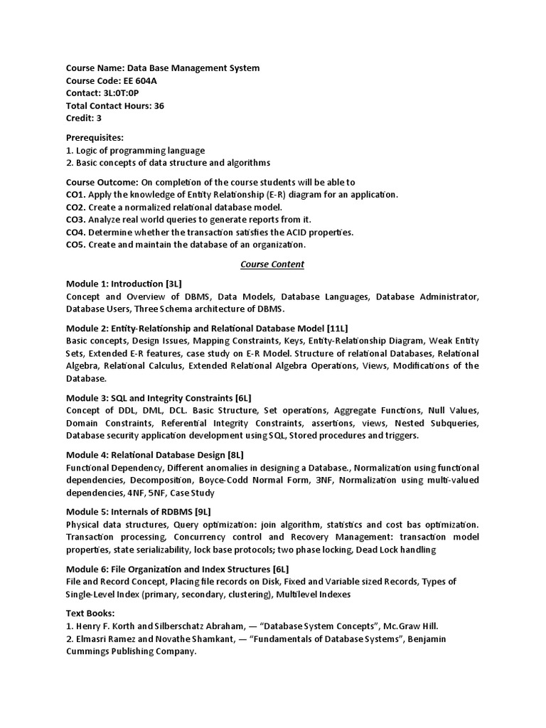 Dbms Ee604a Syllabus R18 Pdf Relational Database Databases