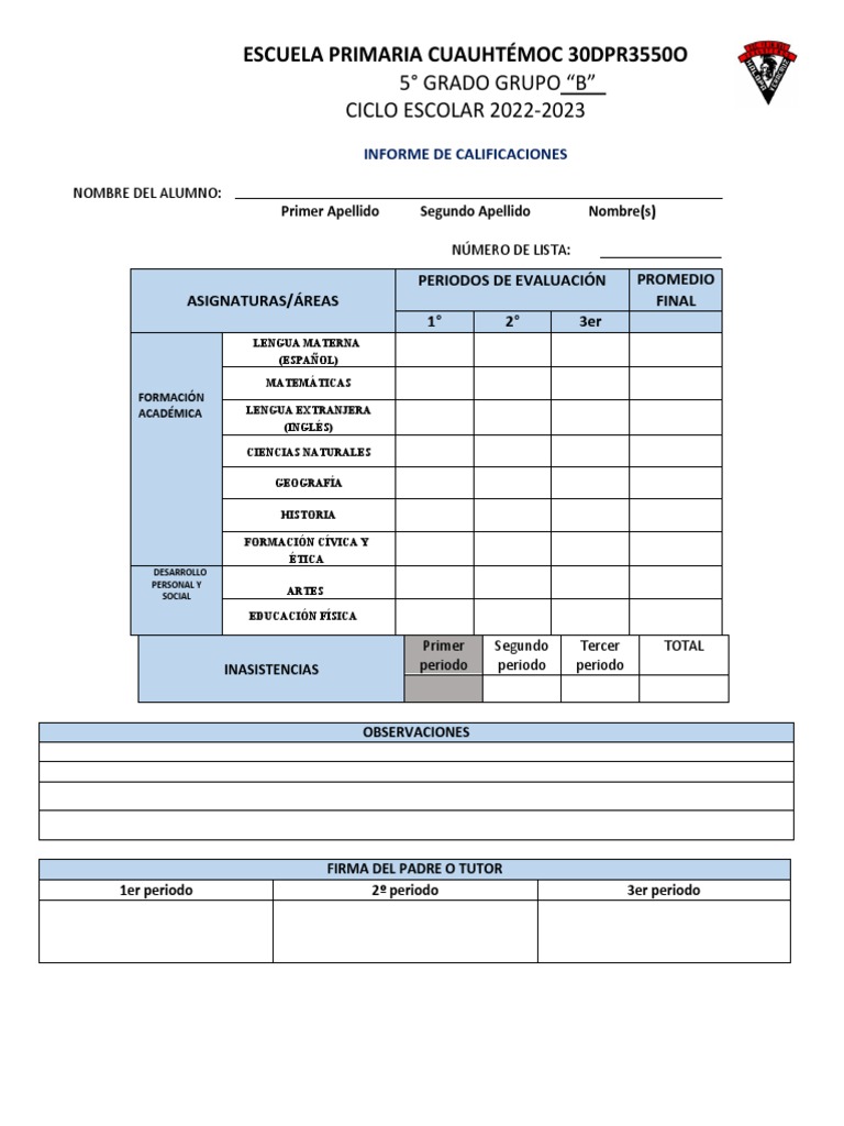 Informe de Calificaciones 5°B 2022-2023 | PDF