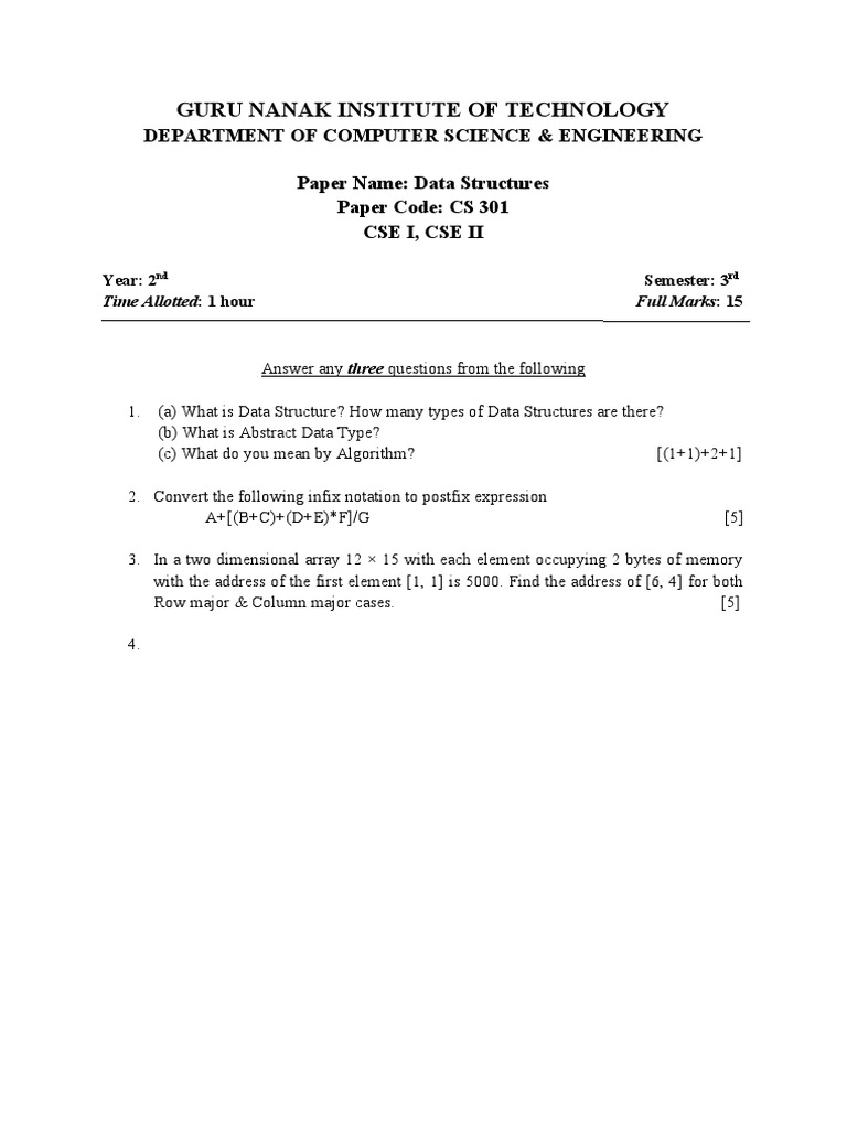 CS (ECE) 301 Question Paper (DS) Paper - UT 1 | PDF