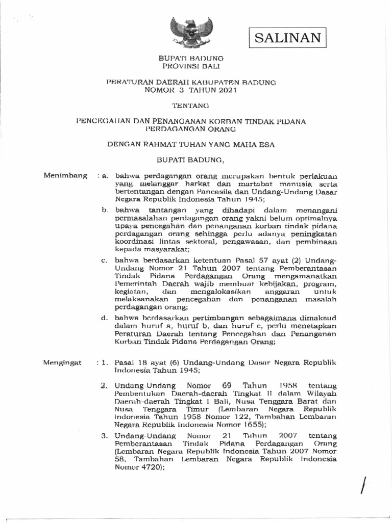 Perda - No - 3 - Tahun - 2021 Kab Badung Bali TTG Pencegahan Perdagangan Orang | PDF