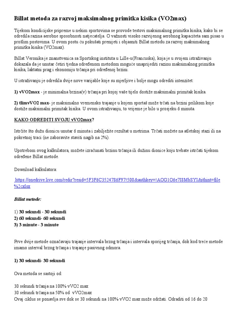 Billat Metoda Za Razvoj Maksimalnog Primitka Kisika | PDF