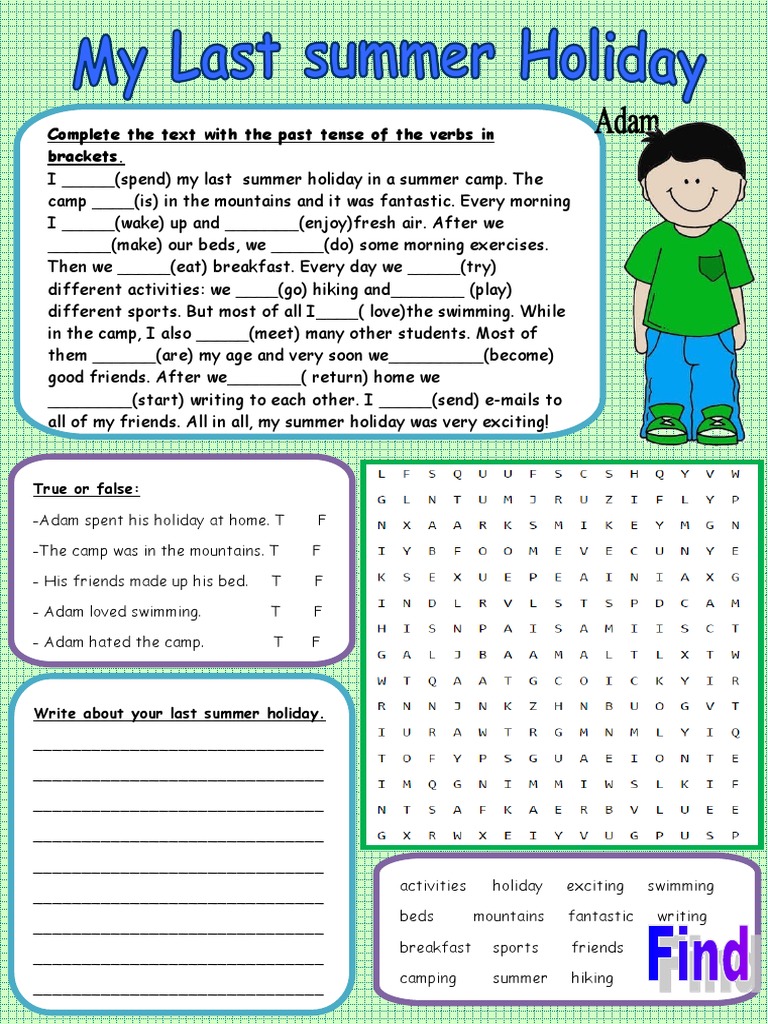 My Last Summer Holiday Reading Comprehension Exercises Wordsearches ...