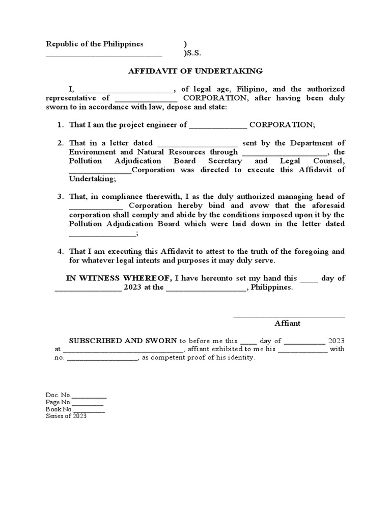 Affidavit of Undertaking For DENR | PDF | Social Science | Law