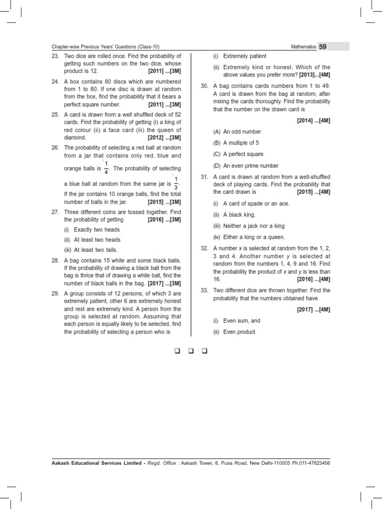 Chapter-wise Previous Years' Questions (Class-10) Mathematics | PDF | Probability | Mathematics