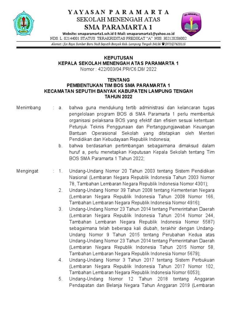 Pembentukan Tim BOS SMA Paramarta 1 | PDF