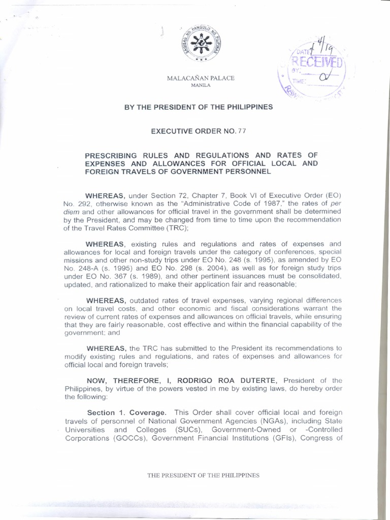 EO No. 77 Guidelines New Travel Expenses | PDF