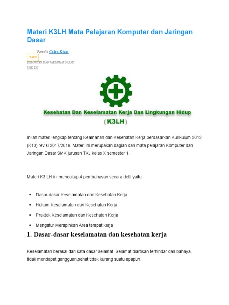 Materi K3LH untuk SMK TKJ Kelas X | PDF | Karier & Perkembangan