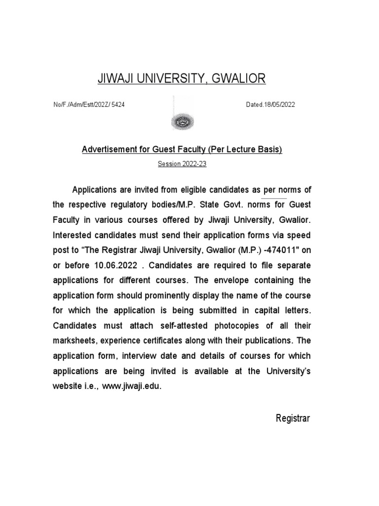 Advertisement For Guest Faculty (Per Lecture Basis) 9248 | PDF ...