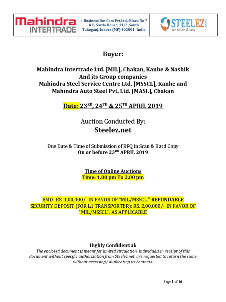 TC e Trans Mahindra Intertrade 23 24 25 April 19 | PDF | Truck | Indemnity