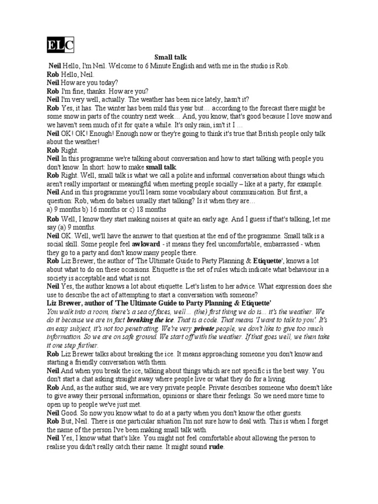 6 Min English Small Talk | PDF | Etiquette | Conversation