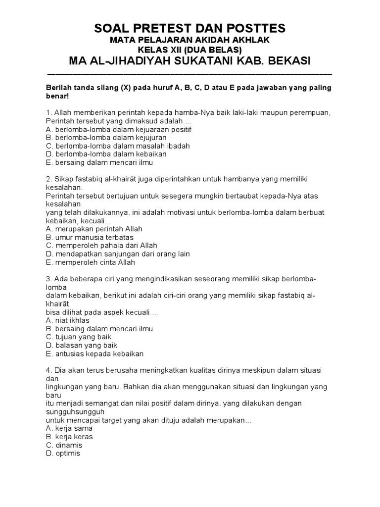 Soal Akidah Akhlak Kelas XII MA Al-Jihadiyah | PDF