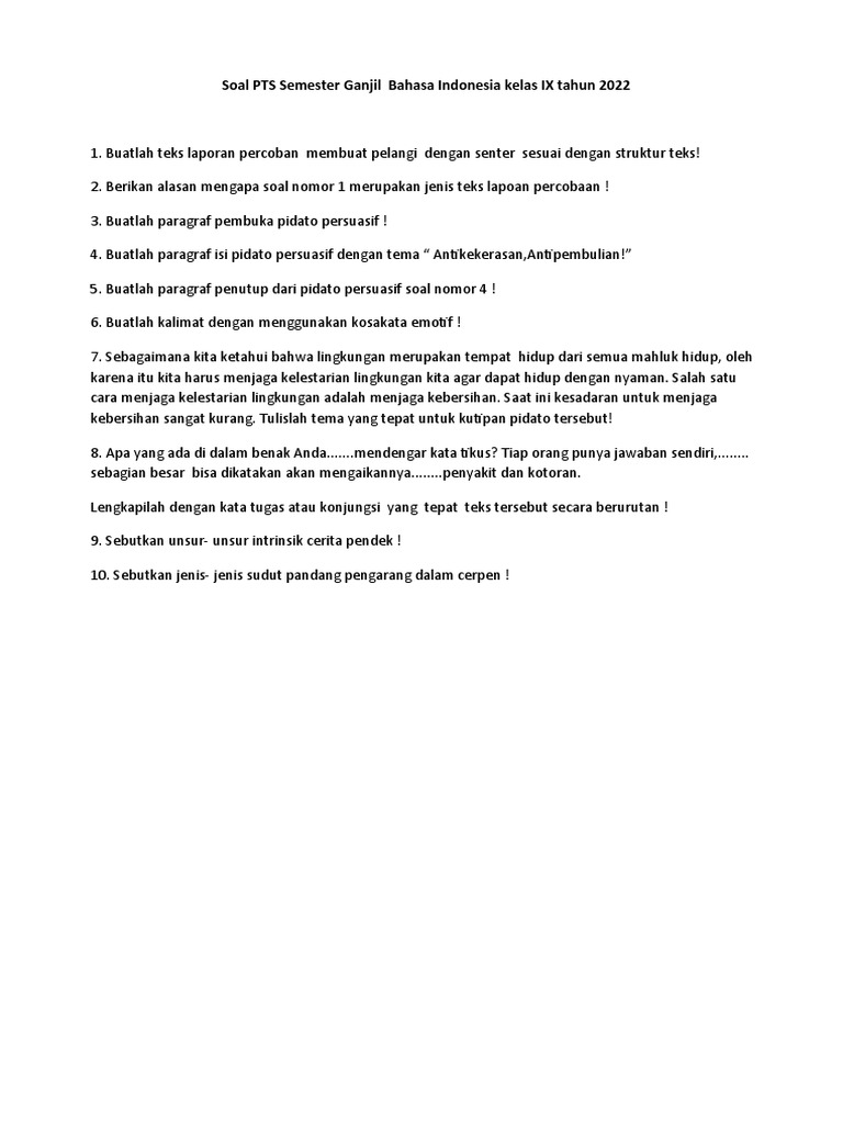 Soal PTS Semester Ganjil Bahasa Indonesia Kelas IX Tahun 2022 | PDF