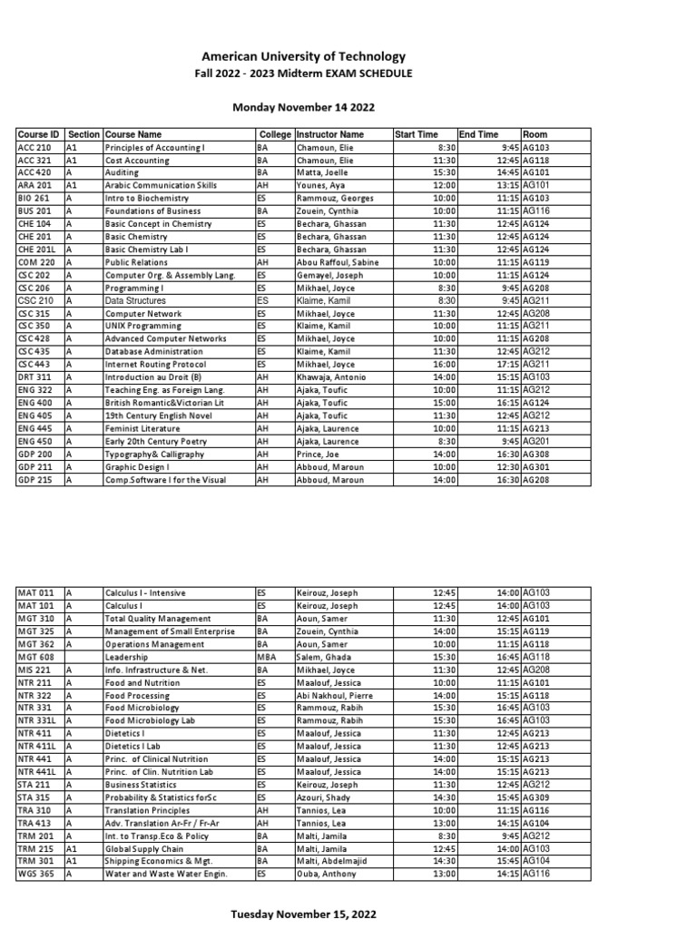 Midter Exam Schedule - Fall 2022 2023 | PDF