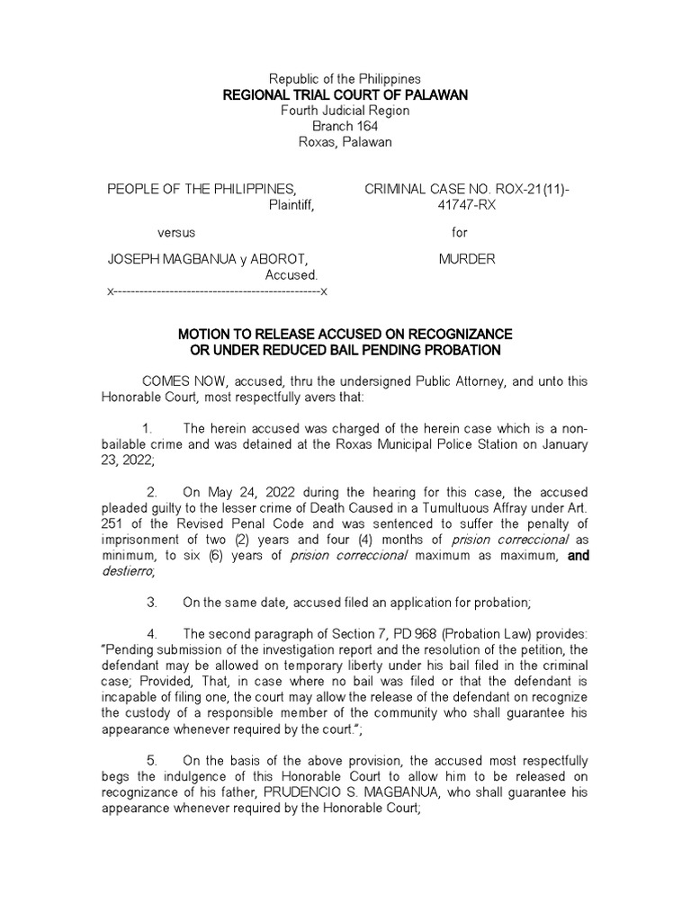 06-Motion-to-Release-on-Recognizance | PDF | Bail | Criminal Justice