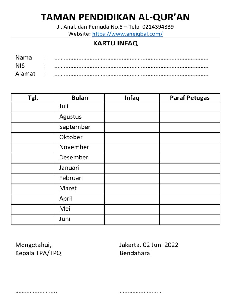 Kartu Infaq Taman Pendidikan Al-Qur'an | PDF
