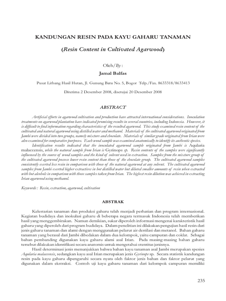 ID Kandungan Resin Pada Kayu Gaharu Tanaman | PDF | Forest Products ...