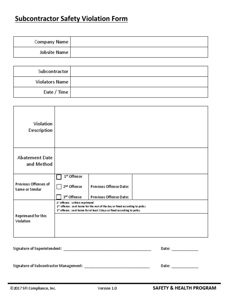 Subcontractor Safety Violation Form | PDF