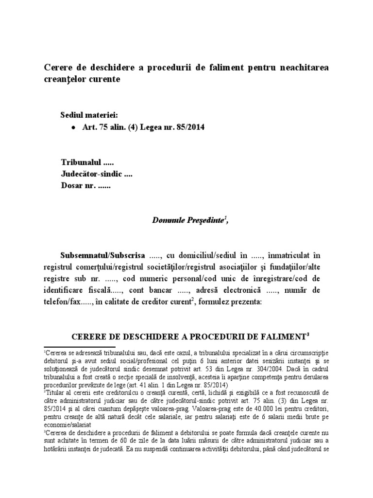Cerere de Deschidere A Procedurii de Faliment Pentru Neachitarea ...