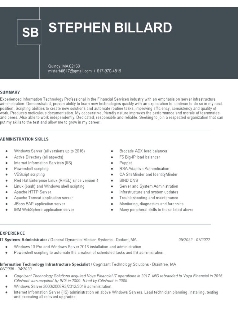 Stephen Billard Resume v20 | PDF | Operating System | Active Directory