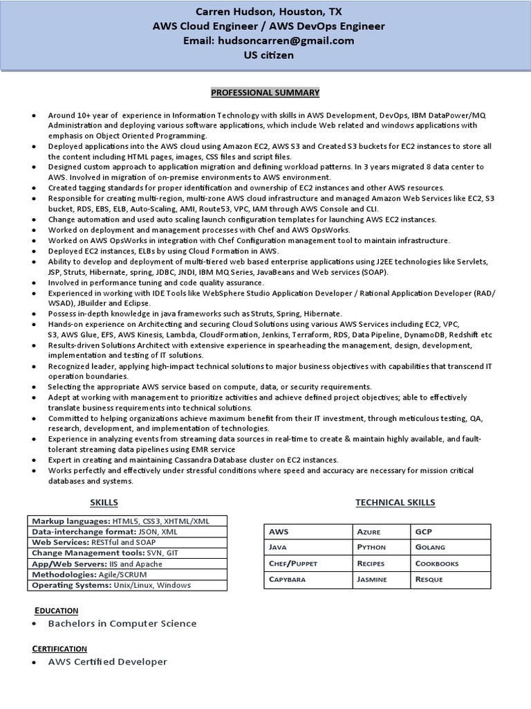 Carren Hudson AWS Engineer | PDF | Amazon Web Services | Cloud Computing