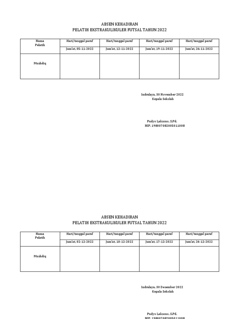Absen Pelatih Ekstrakurikuler Futsal 2022 | PDF