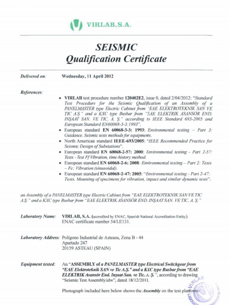 Seismic Qualification Certificate | PDF