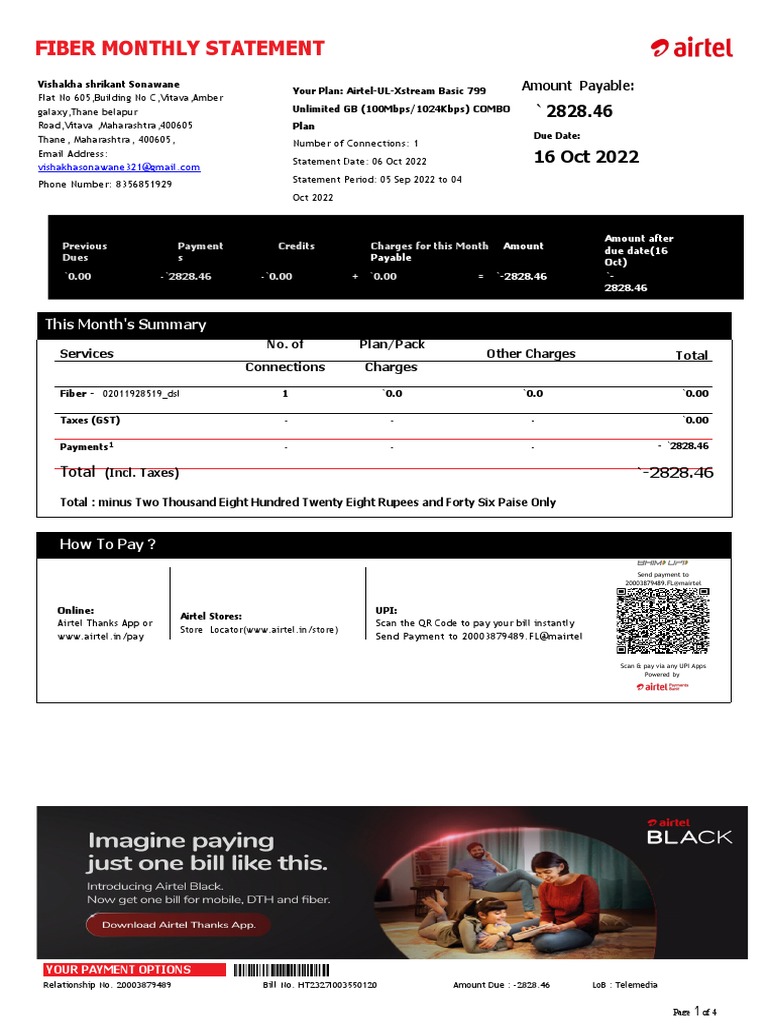 Airtel Fiber Monthly Statement - Oct 2022 | PDF | Cheque | Payments