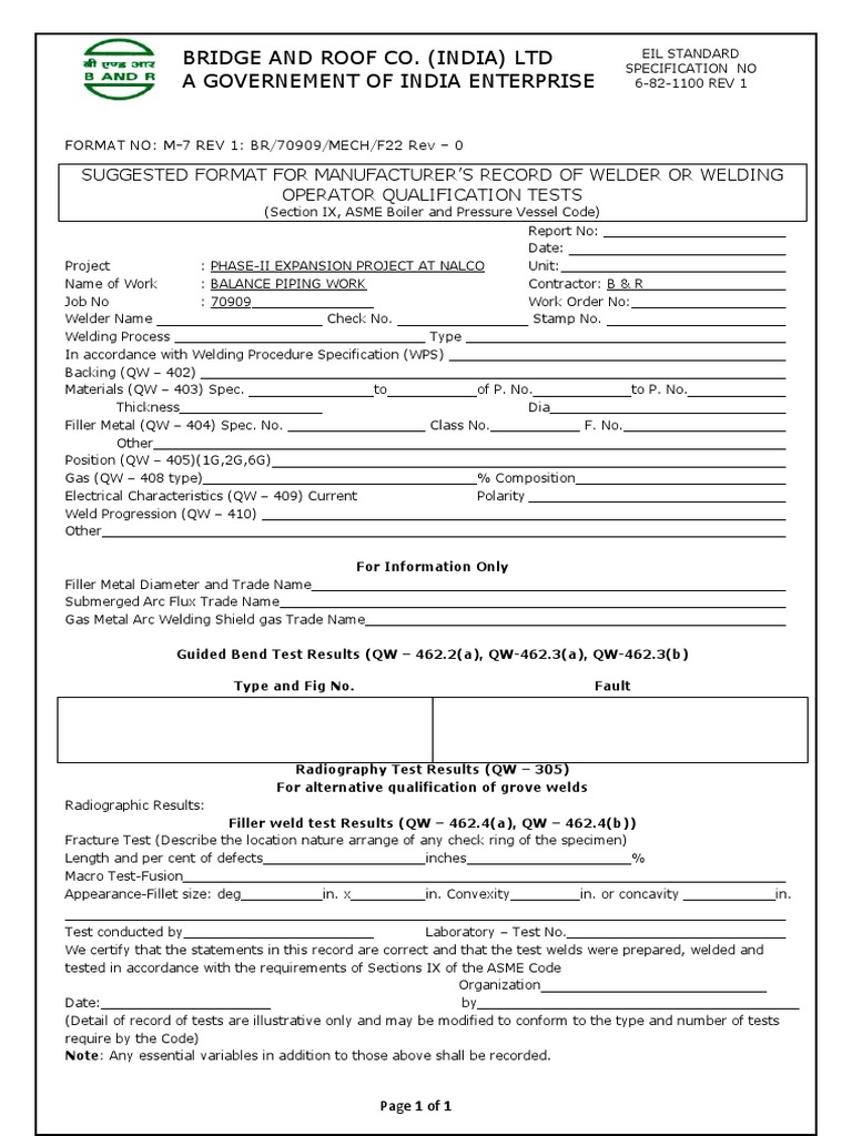 Format For Manufacturer Record of Welding Operator Qualification | PDF ...
