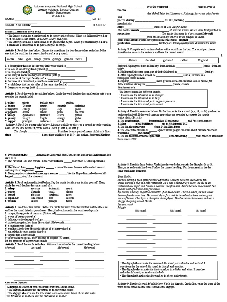 Hard and Soft C and G Sounds Activities | PDF | Rudyard Kipling ...