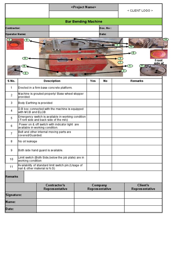 Bar Bending Machine HSE Checklist | PDF | Machines | Manufactured Goods