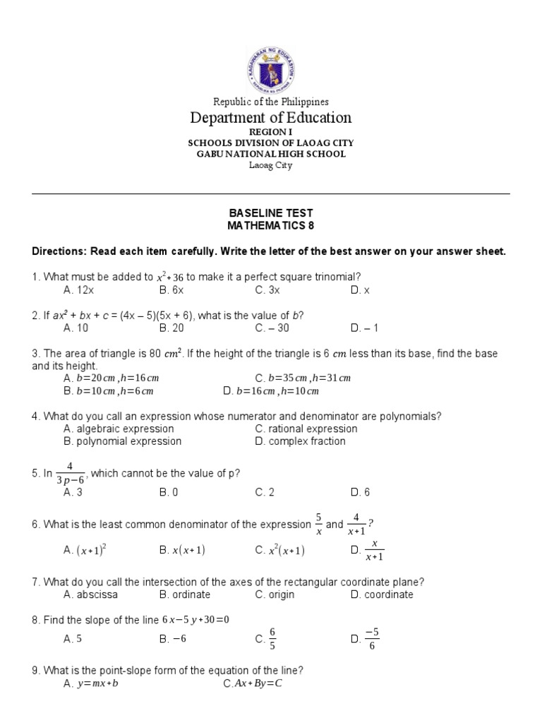Diagnostic Test_Math 8 | PDF | Line (Geometry) | Angle