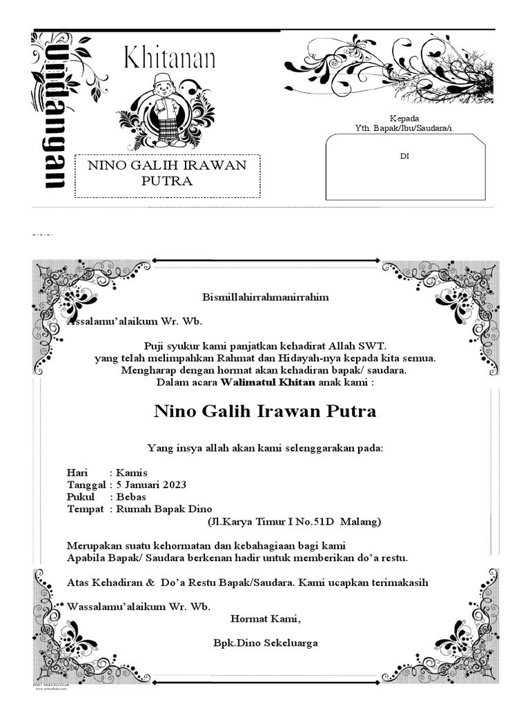 Contoh Undangan Walimatul Khitan - Kanalmucom | PDF
