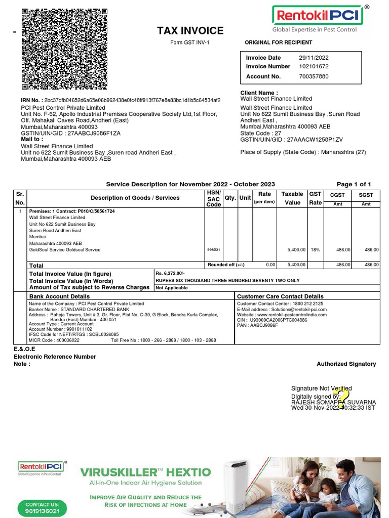 GoldSeal Pest Control Service Invoice for Wall Street Finance Limited ...