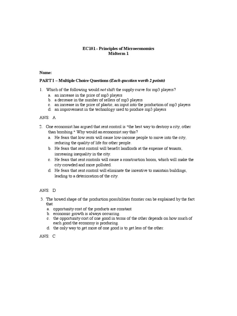 Microeconomic Principles Midterm Exam With Answers | PDF | Economic ...