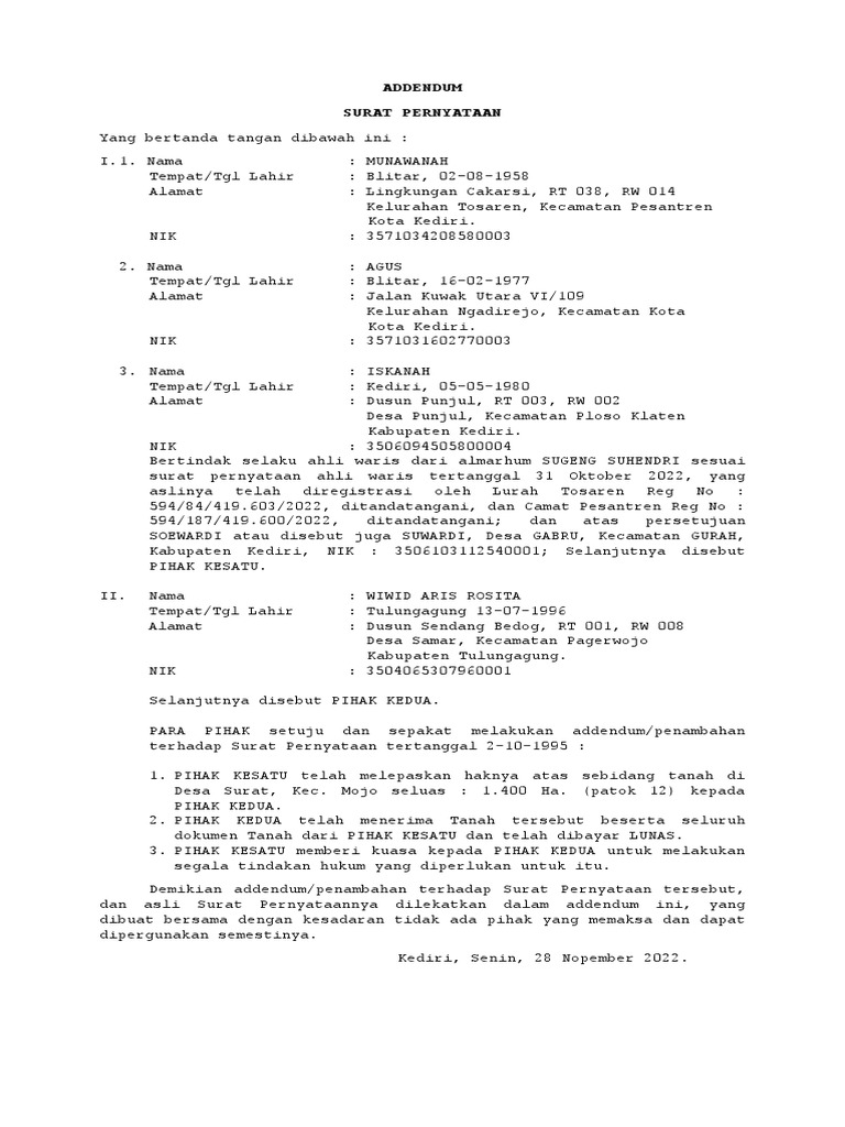 Addendum Surat Pernyataan Waris Kediri | PDF