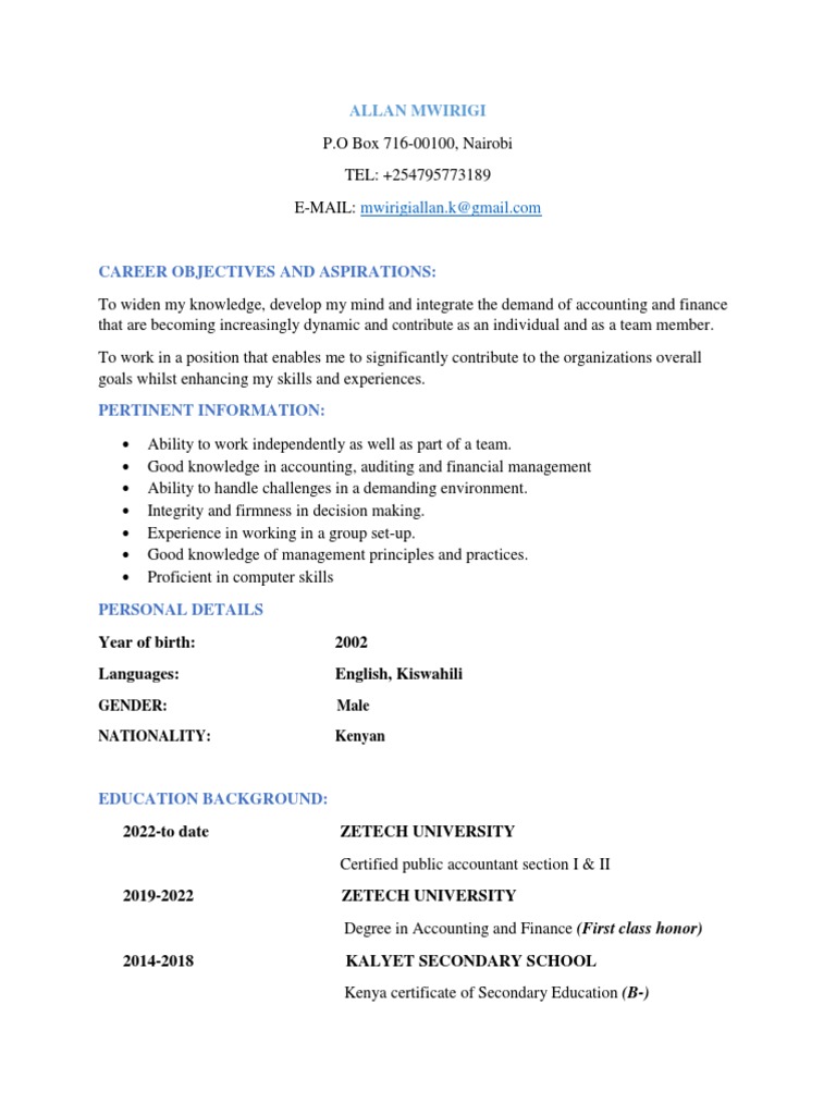 Allan Mwirigi CV | PDF | Accounting | Financial Statement