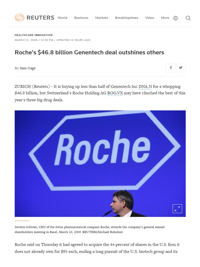 News Article - Roche's $46.8 Billion Genentech Deal Outshines Others - Reuters | PDF