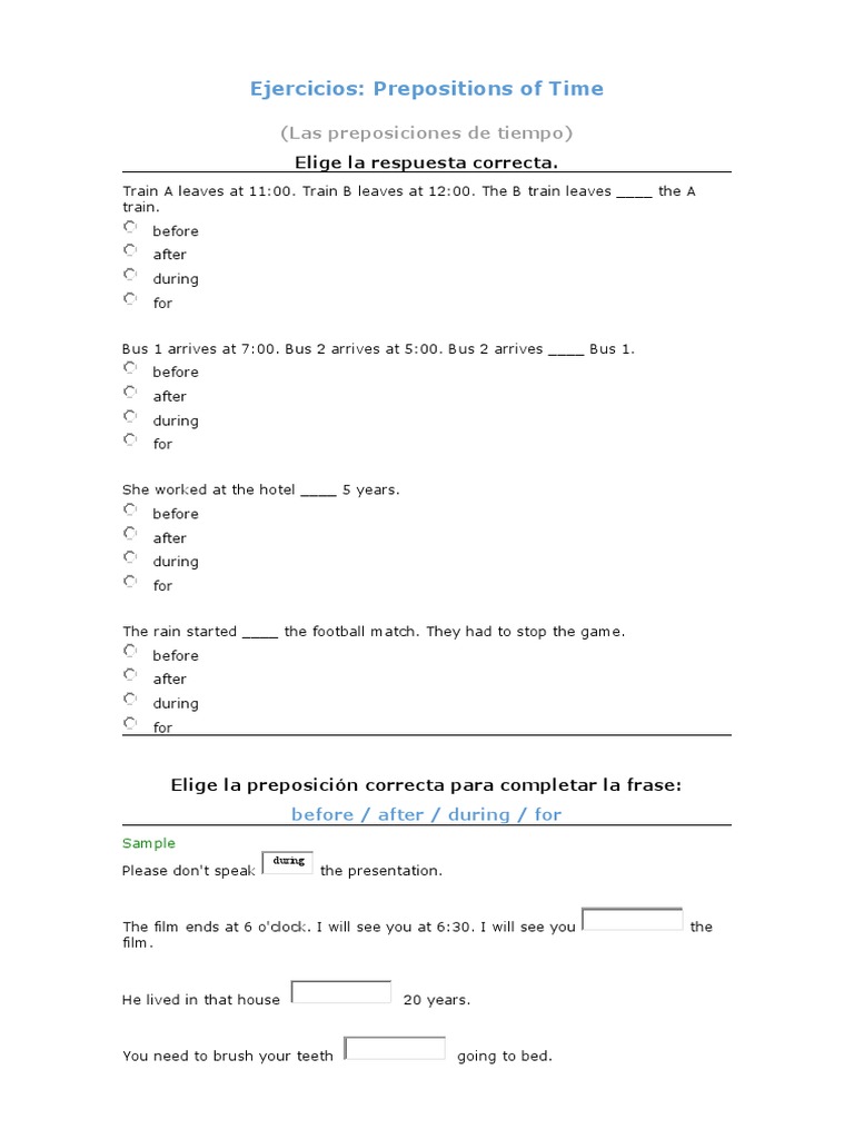 EJERCICIOS Preposiciones tiempo | PDF