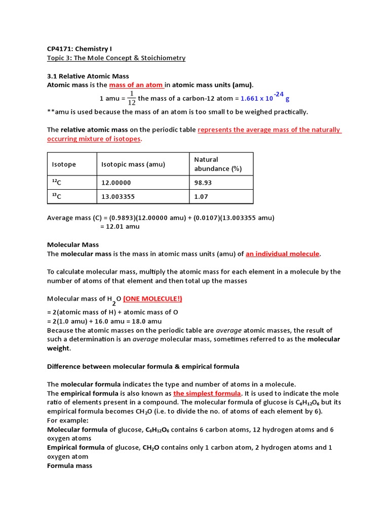 Topic 3 Mole Concept and Stoichiometry | PDF | Mole (Unit) | Molecules