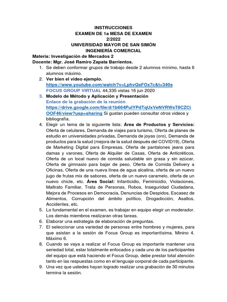 Instrucciones 1a Mesa Examen Im2 2-2022 Oficial 1 | PDF | Grupo de enfoque | Prueba (evaluación)