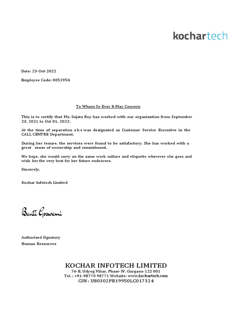 Kochar Letter | PDF