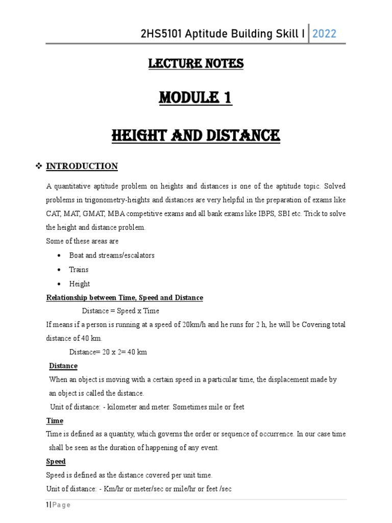 Lecture Notes - Height and Distance | PDF | Trigonometry ...
