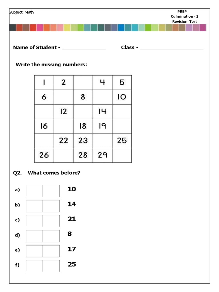 Prep Class Maths Test Paper Pdf