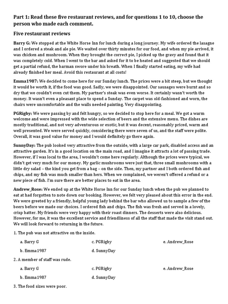 B1 Practice | PDF | Pub | Lunch