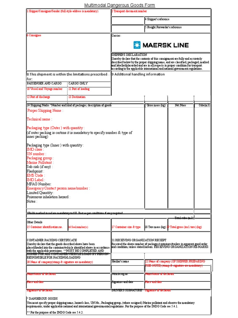 Multimodal Dangerous Goods Form Pdf Dangerous Goods Cargo