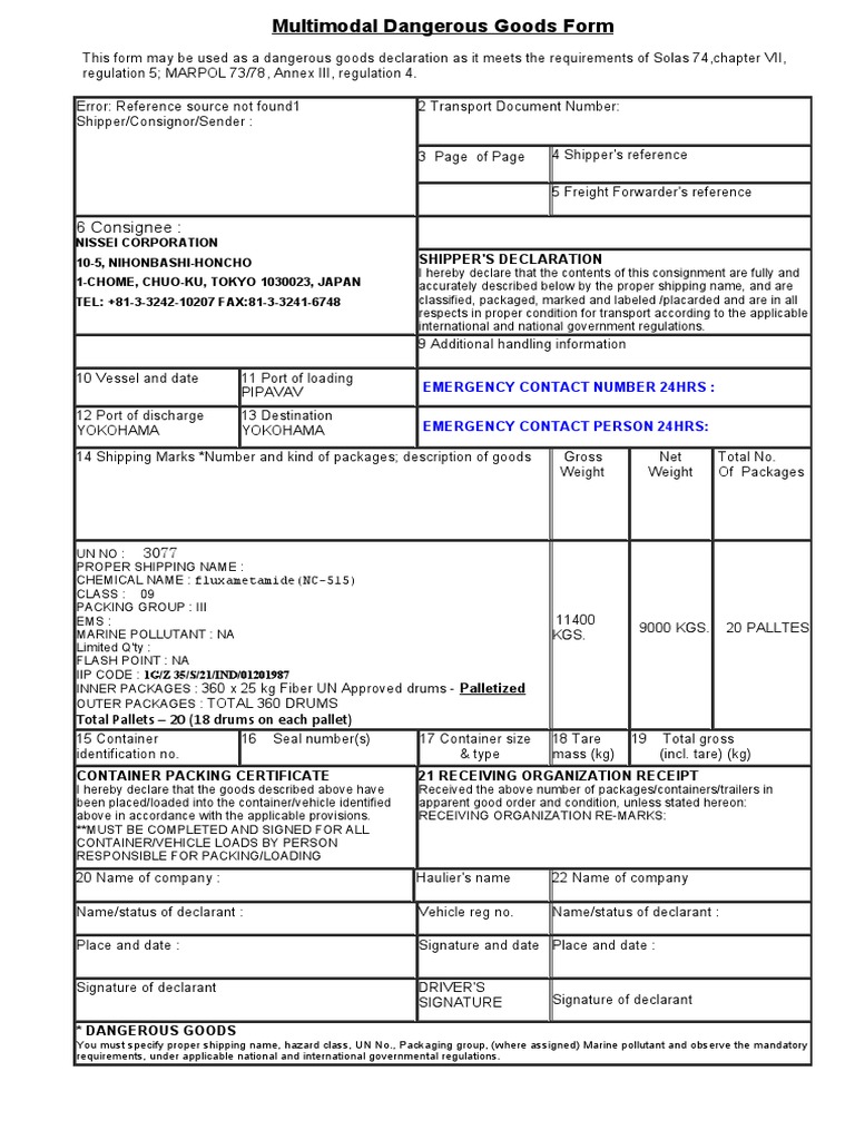 DG Declartion Format | PDF | Dangerous Goods | Transport