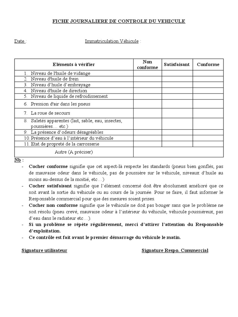 Fiche de Contrôle Journalier du Véhicule | PDF