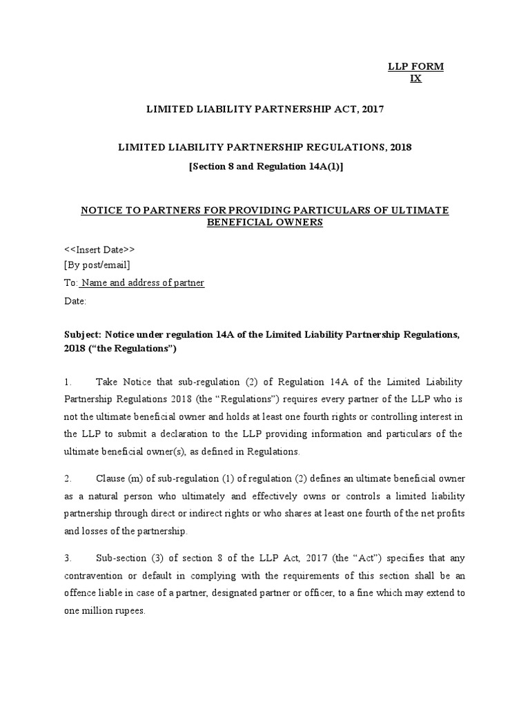 LLP Form Ix Notice To Partners For Providing Particulars of Ultimate ...