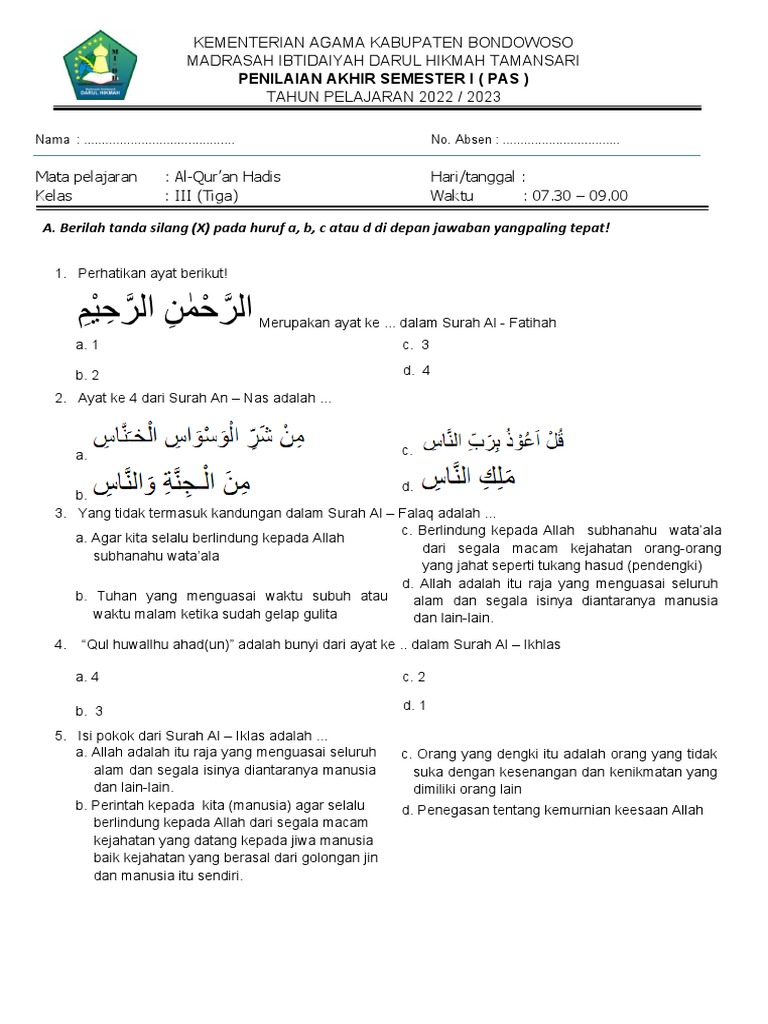 Soal Pas Qurdis Kelas 3 | PDF