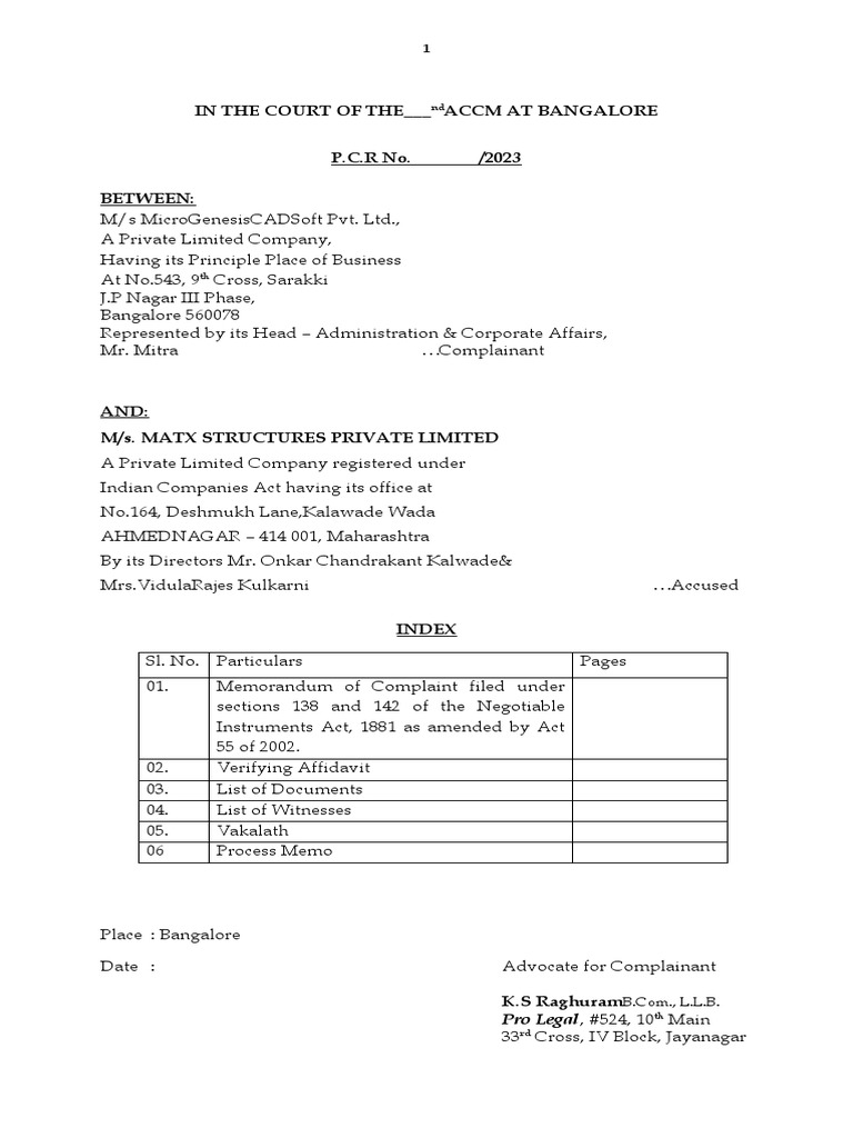 Cheque Bounce Complaint MicroGenesis Vs Matx Structures Revised | PDF | Cheque | Payments